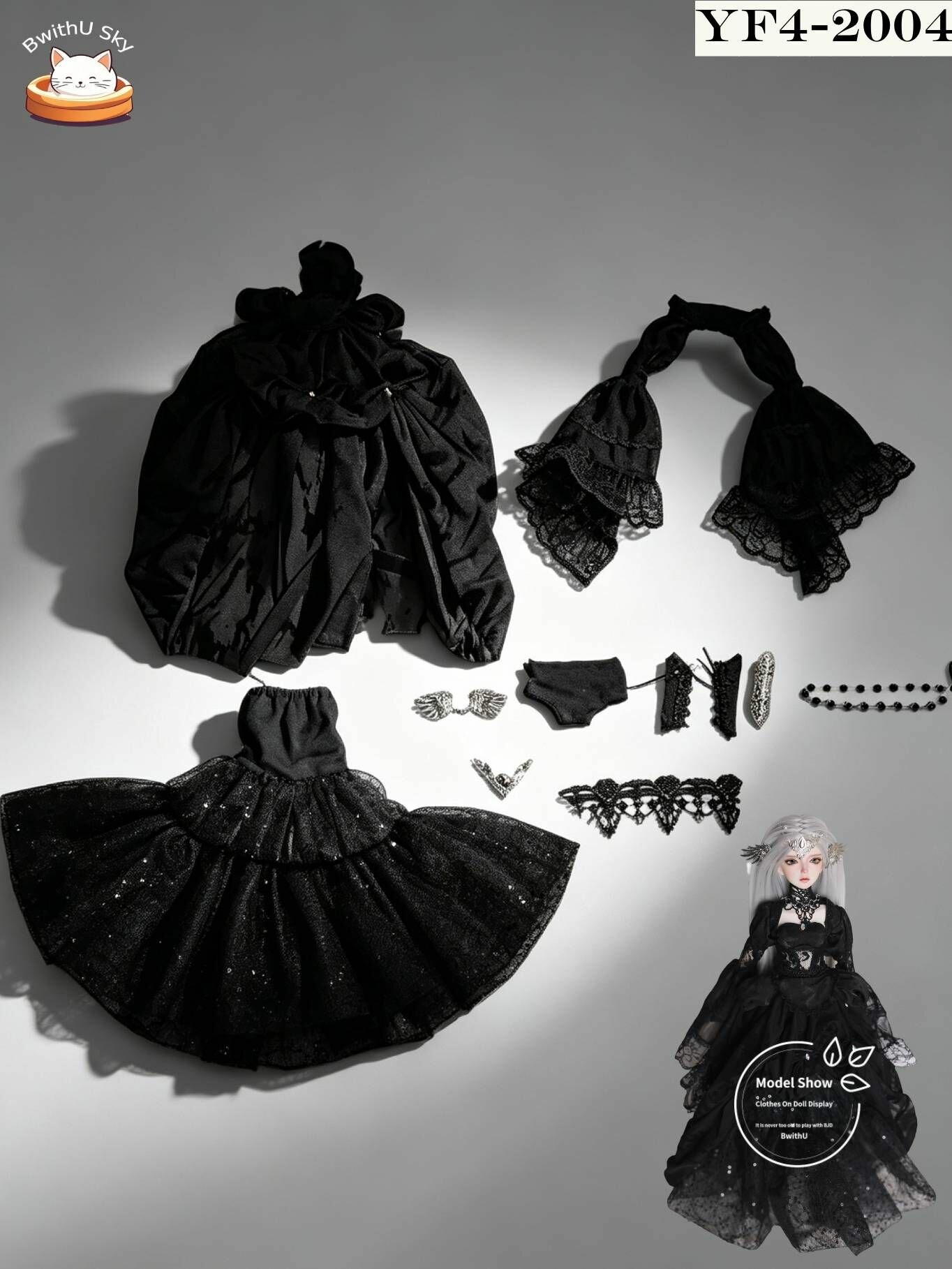 BwithUSky YF4-2004 for 1/4 BJD Sylvi Комплект для БЖД: черное готическое платье с оборками, накидка и аксессуары