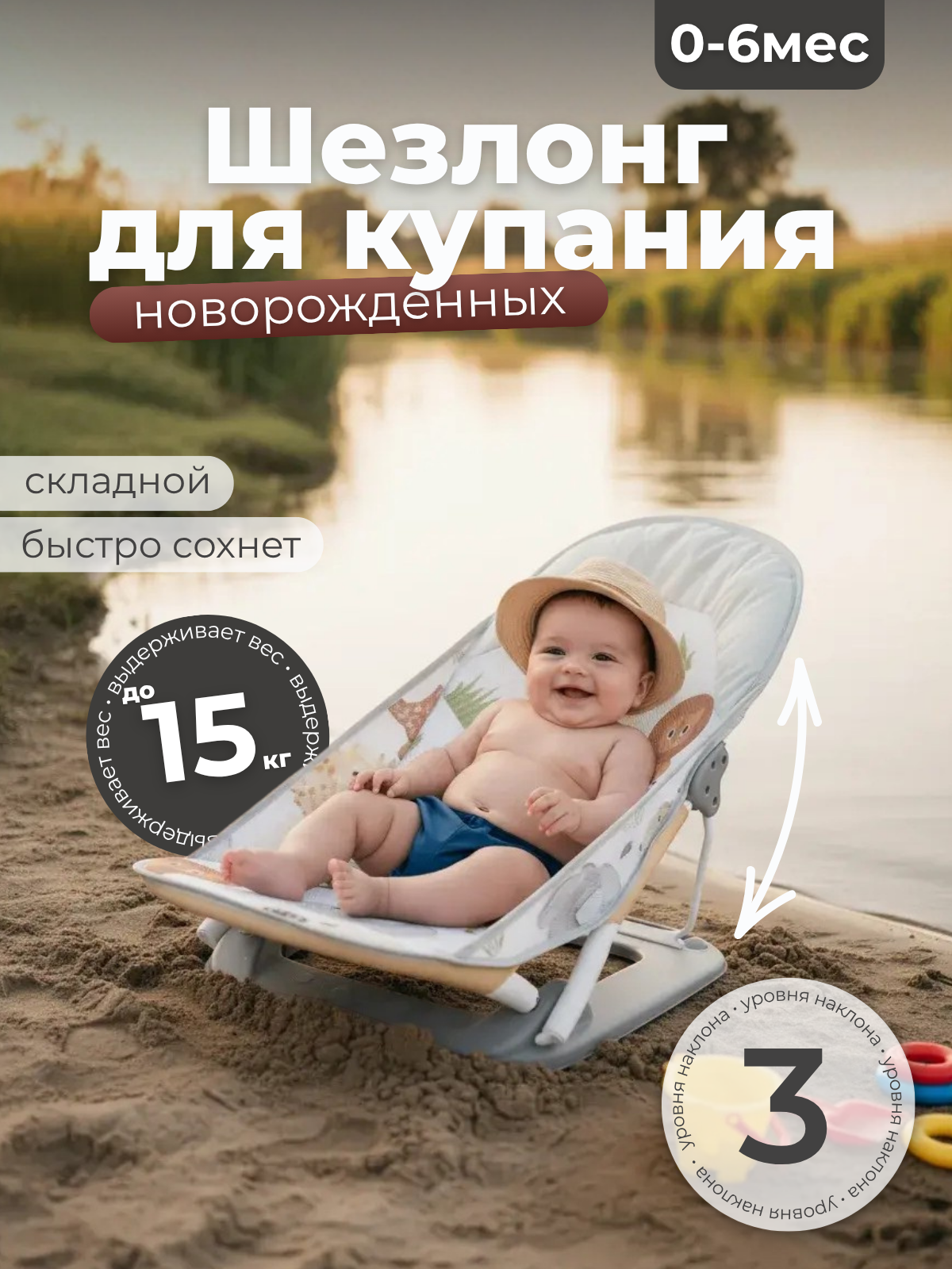 Горка для купания новорожденных 0+, шезлонг-гамак в ванночку/ванну, складная, 3 положения, пластик + ткань