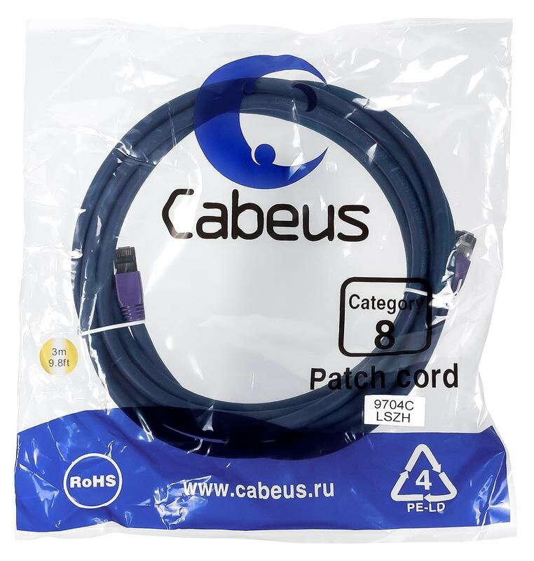 Патч-корд S/FTP кат.8 PC-SSTP-RJ45-Cat.8-3m-LSZH 2xRJ45/8p8c экранир. LSZH (40G 2000 MHz) 3м син. Cabeus 9704c