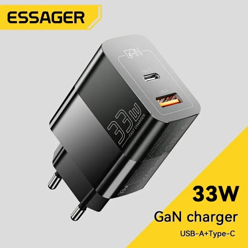 Зарядное устройство Essager с USB-портом, 33 Вт, с поддержкой быстрой зарядки EU Black