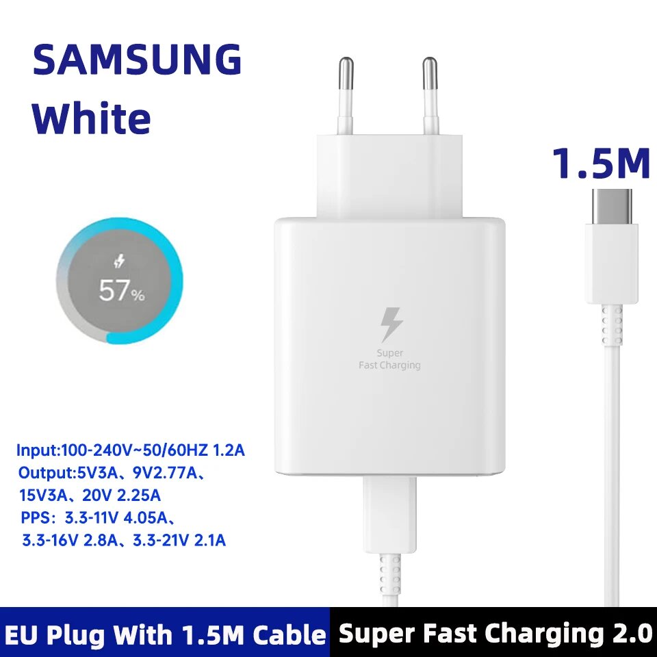 Оригинальное зарядное устройство Samsung 45W Type-C белое, 25W Super Fast White EU with 1.5m