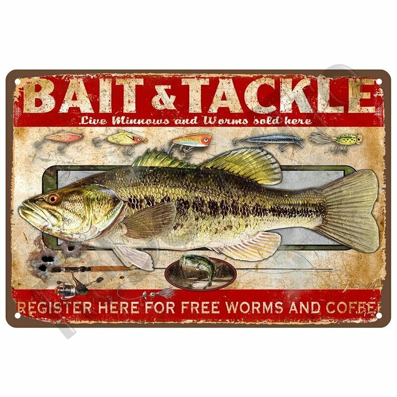 Металлическая табличка "Bait & Tackle" для рыбалки, ретро