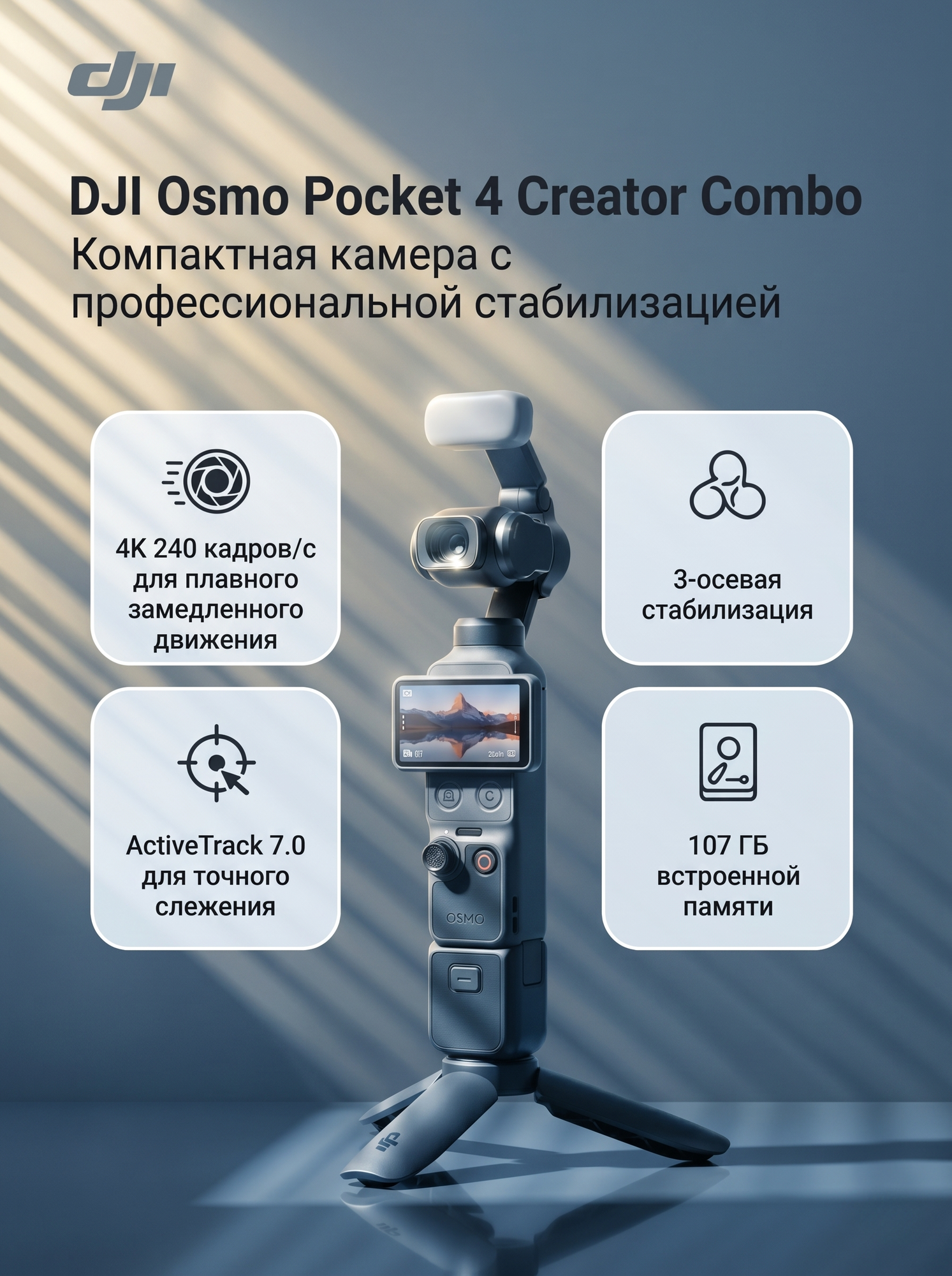DJI Osmo Pocket 4 Creator Combo — экшн-камера, 4K/240fps, 3-осевая стабилизация, 107 ГБ памяти, ActiveTrack 7.0