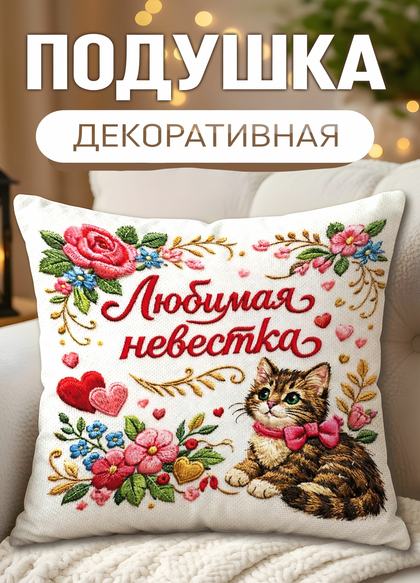 Подушка декоративная с принтом Вышитое с котиком Любимая невестка, размеры 40 х 40 см, 1 шт.