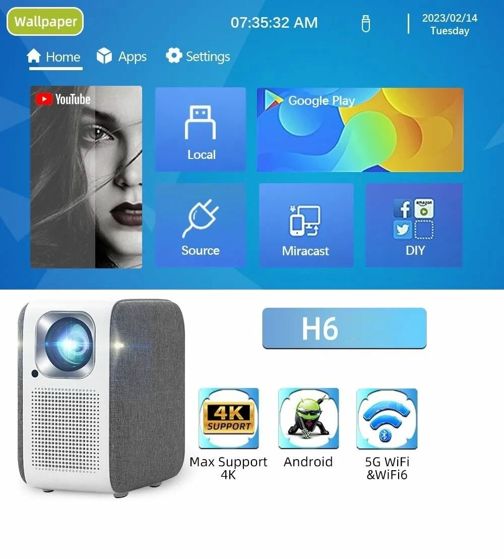 Проектор TouYinGer H6 Android 1920x1080 (Full HD), 3000:1, 6000 лм, LCD. Товар уцененный