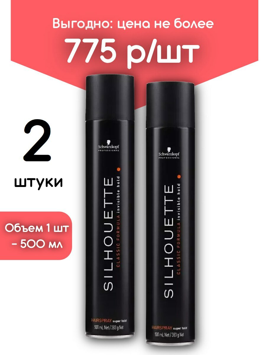 Оптом 2 шт. Schwarzkopf Professional Лак для волос Silhouette Super Hold Hairspray, ультрасильнаяфиксация, 500 мл