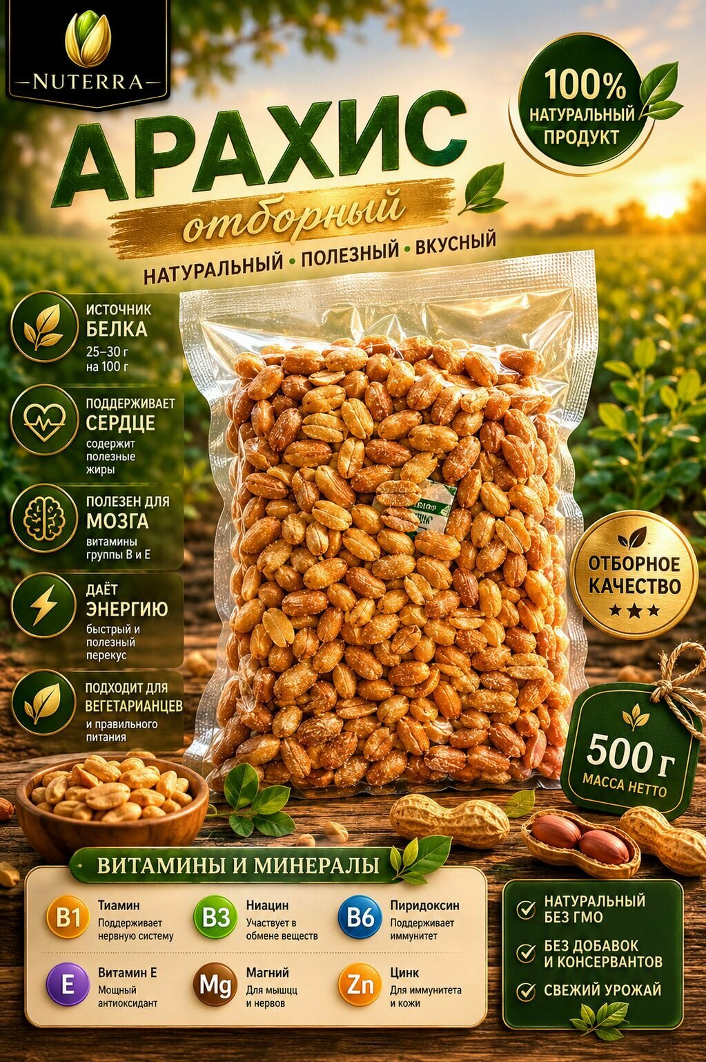 Арахис NUTERRA, жареный, соленый, в вакуумной упаковке, 500 г