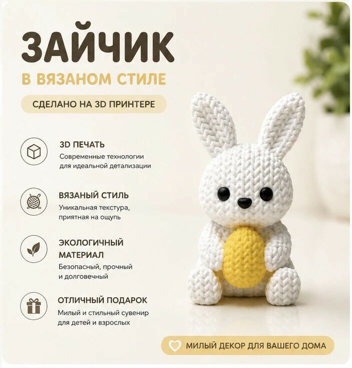 Зайчик с яйцом, вязаный стиль, высота 7см, оригинальный подарок и декор для дома. 3д фигурка