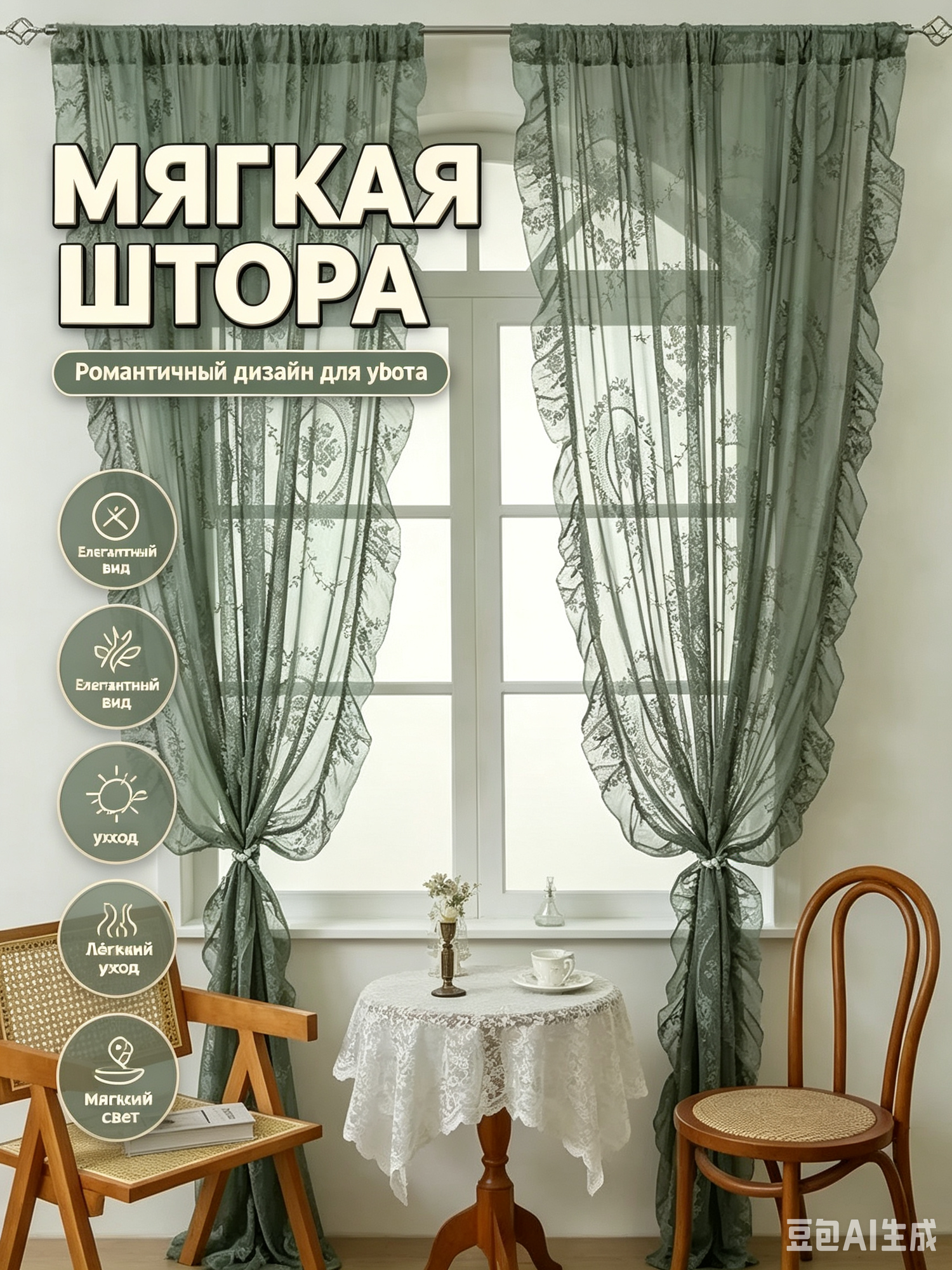 Мятно-зеленая кружевая штора с воланами Прованс для эркера 140×200см, 1 шт.