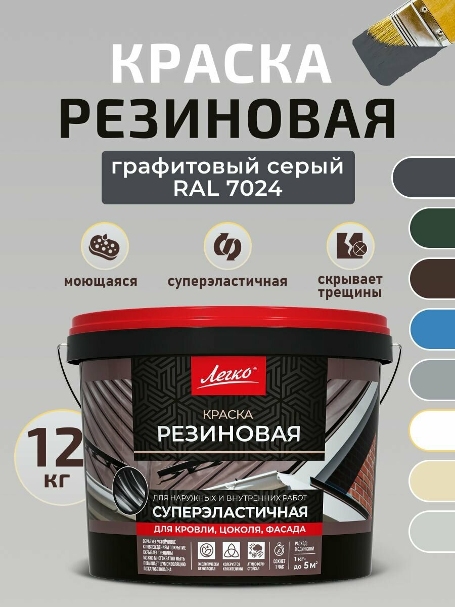 Резиновая краска Легко, для наружных и внутренних работ, водно-дисперсионная акриловая матовая, без запаха, графитовый серый, RAL 7024, 12 кг