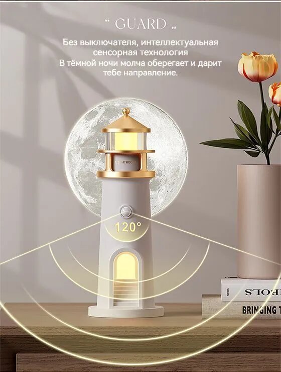 Лунный проектор с Bluetooth-колонкой Маяк . Подарок на день рождения, создающий романтическую атмосферу. Зарядка, портативный.