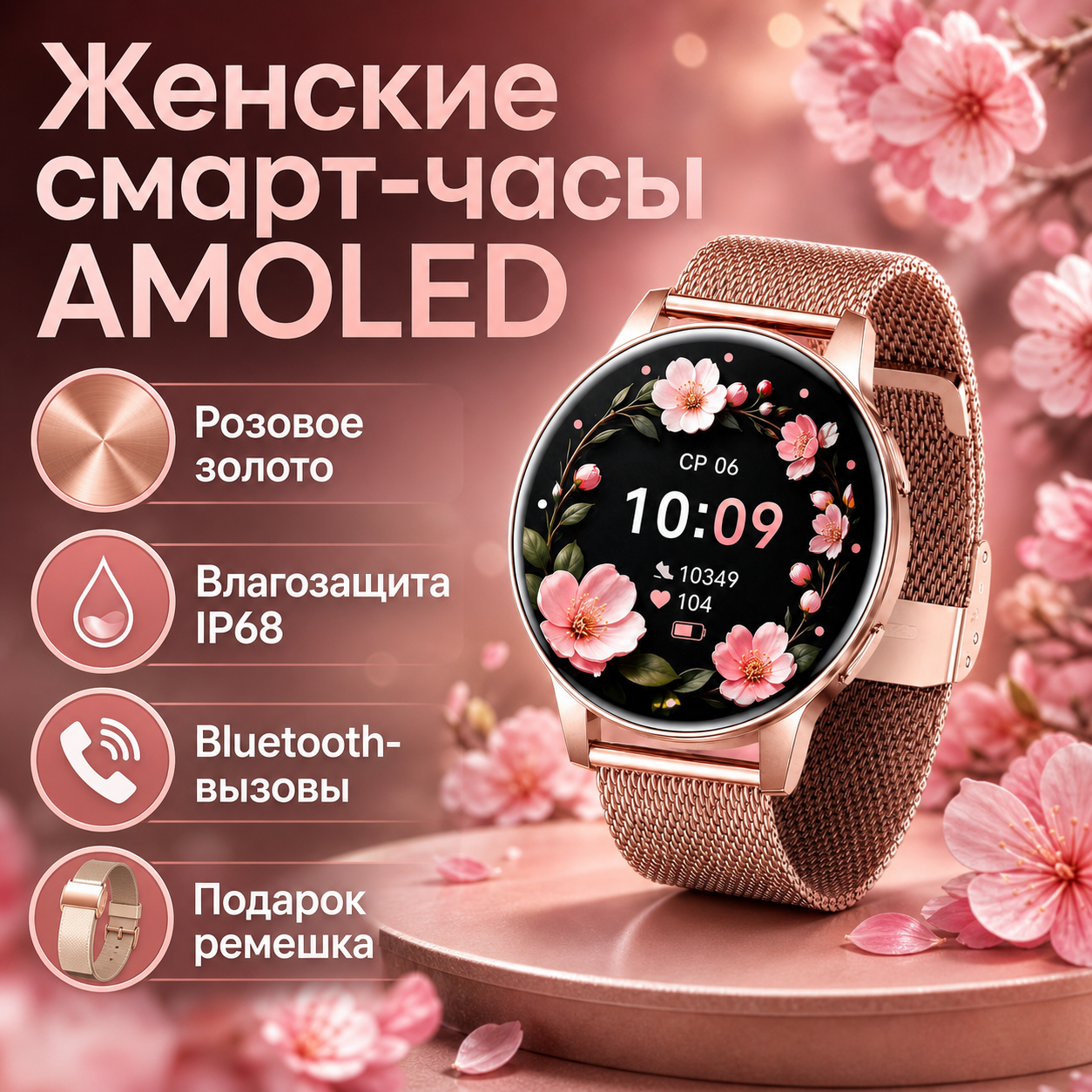 Смарт-часы i179, женские, круглые, AMOLED, сапфировое стекло, влагозащита IP68