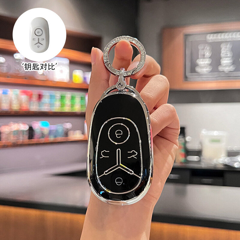 Чехол для ключей Geely Xingyuan 2025 с черным стразами кольцом - черная упаковка