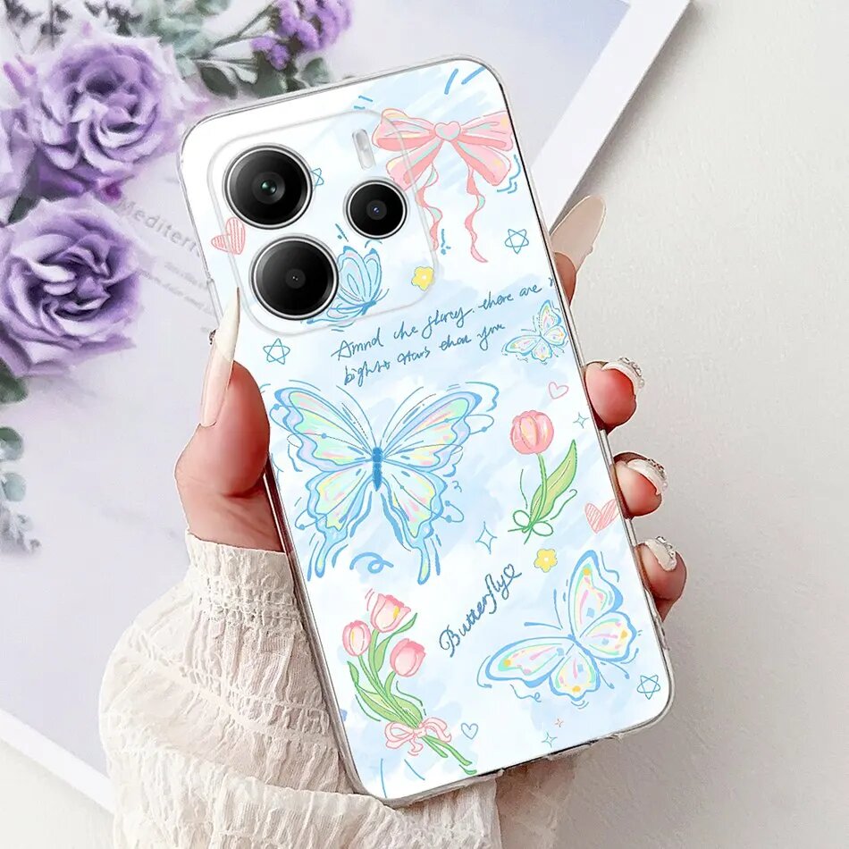 Для Xiaomi Redmi Note 14 4G Note14S Чехол для телефона Redmi Note 14s Note 14 4G Элегантный мягкий силиконовый чехол из ТПУ с цветочным принтом кота