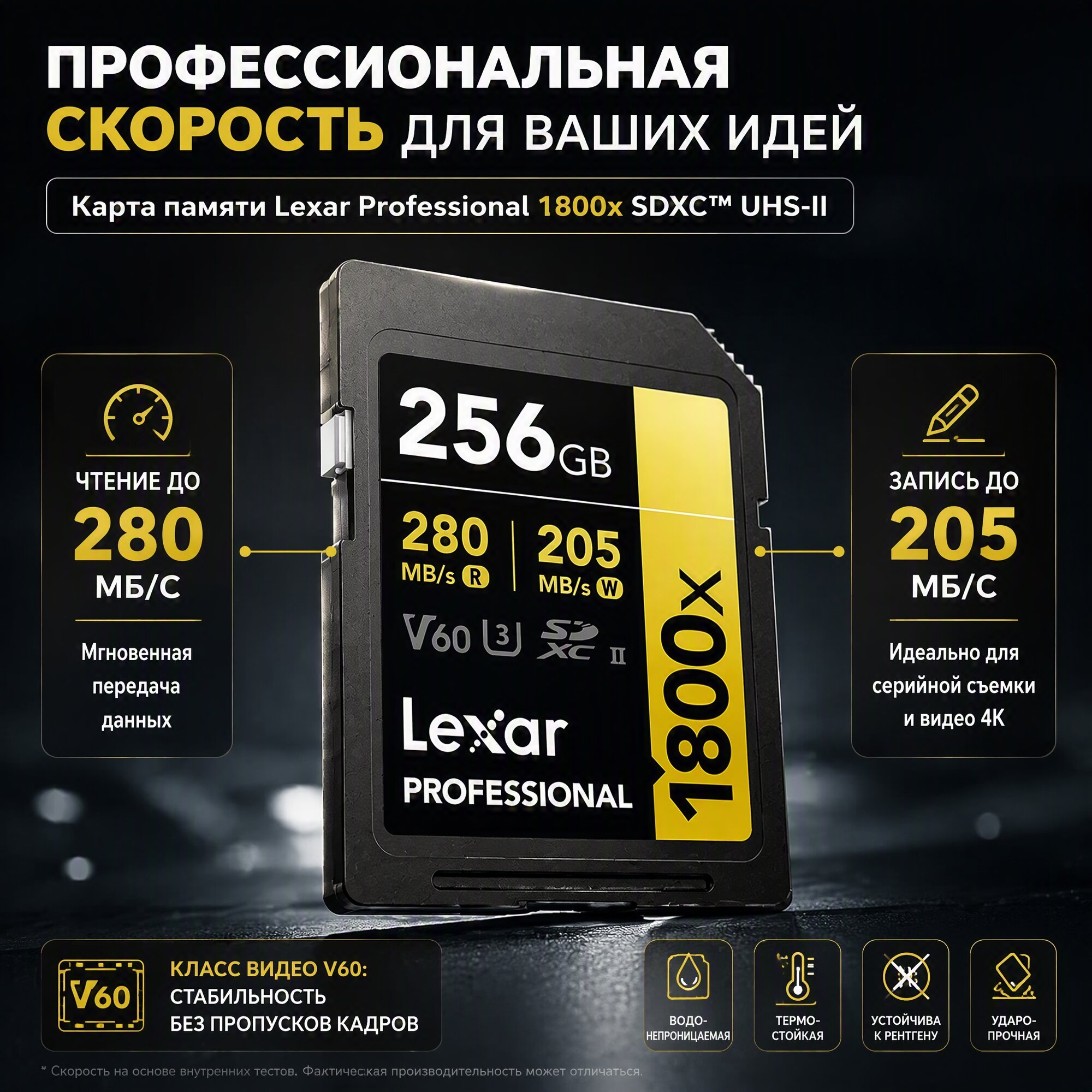 Карта памяти SD Lexar Professional 1800X SDXC UHS-II V60, скорость чтения 280 МБ/с, для фотоаппаратов 4K,256 ГБ