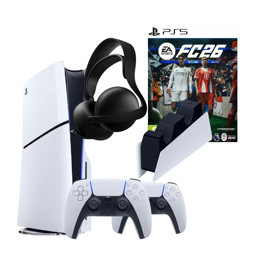 Игровая приставка PlayStation 5 Slim Disk + 2й геймпад белый + игра FC26 + станция зарядки + Pulse Elite Black