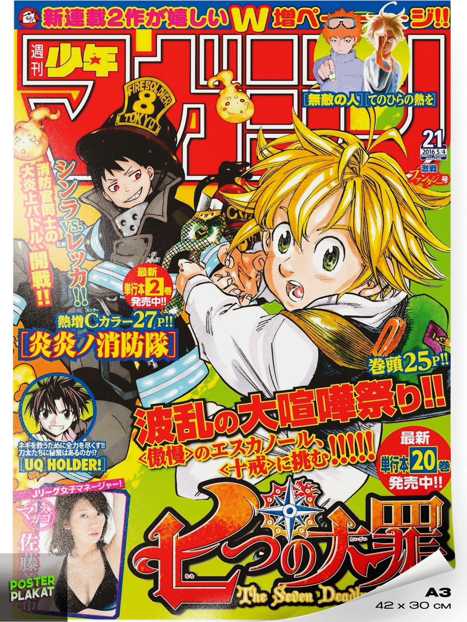 Постер аниме Семь смертных грехов и Пламенная бригада пожарных (The Seven Deadly Sins, Fire Force), Мелиодас и Синра, обложка Weekly Shonen Magazine №21, 2016, постер на стену, А3 (420х297 мм), ПП
