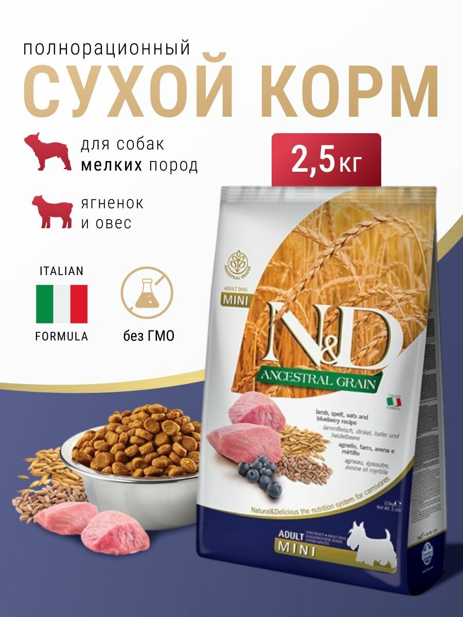 Farmina N&D низкозерновой сухой корм для взрослых собак мелких пород, с ягненком, спельтой, овсом и черникой, 2,5кг