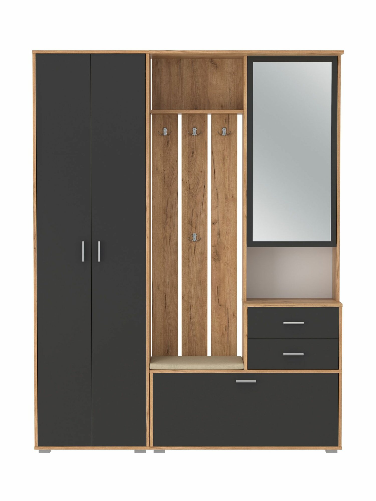 Прихожая комплект Антре Дуо с вешалкой, со шкафом, с обувницей, с зеркалом, с ящиками, 160х36.2х208.7 см, Дуб золотой / Диамант серый / Кремовый, велюр