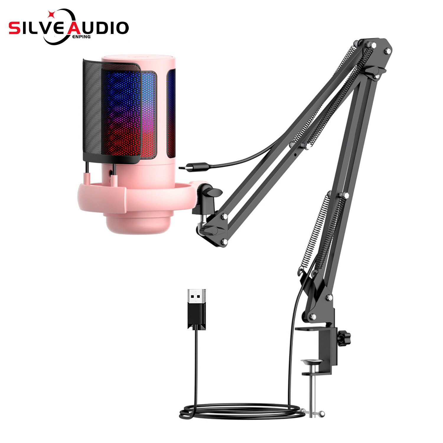 Горячая распродажаКросс-бордерный игровой микрофон USB для компьютера с набором поп-фильтров, RGB подсветка, конденсаторный микрофон ME6S