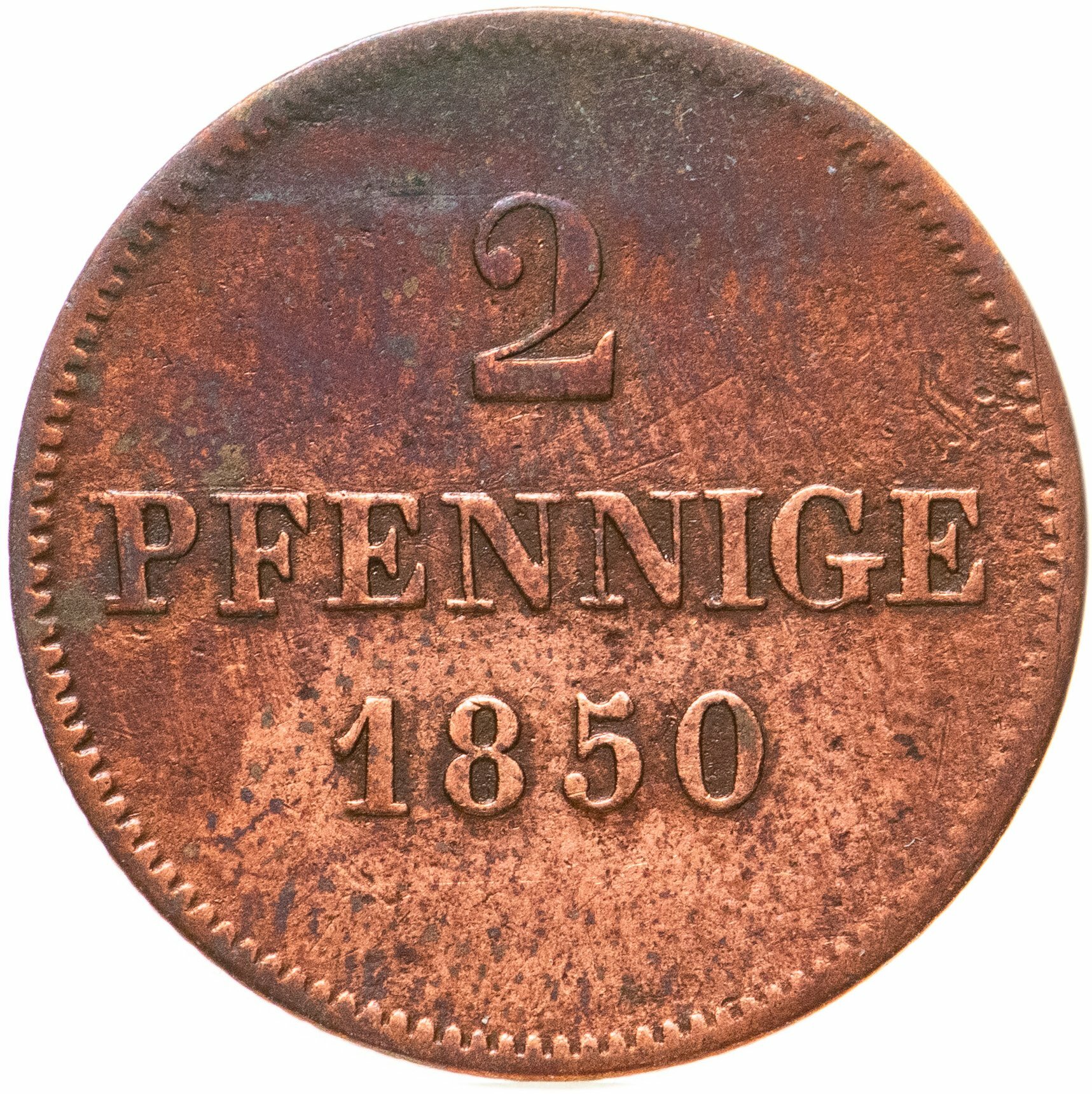 Германия, Бавария 2 пфеннига 1850, Медь, в сохранности VF