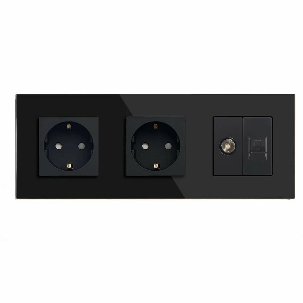 Розетка тройная с заземлением для тв и интернета 250B 16A ,228х86мм стекло рамке, цвет черное