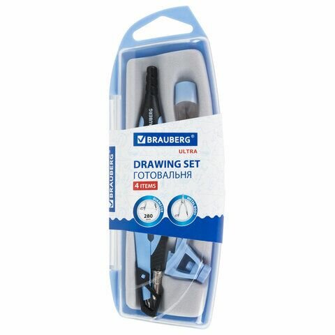 6 шт. Готовальня BRAUBERG ULTRA, 4 предмета: циркуль 135 мм, запасной грифель, насадка, аквамариновый цвет, 210822