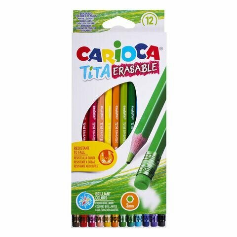 6 шт. Карандаши цветные стираемые с резинкой CARIOCA "Erasable", 12 цветов, шестигранные, грифель 3 мм, 42897