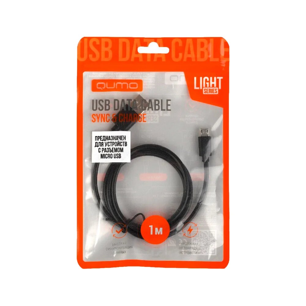 Кабель QUMO light series, USB-MicroUSB, 1м, 5В, 1A, оплетка PVC, коннектор PVC, черный 30500