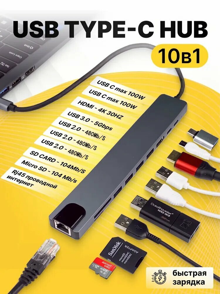 USB разветвитель 10 в 1 USB HUB Type C док станция Usb 3.0 хаб 3 0 переходник концентратор адаптер thunderbolt 4k Hdmi RJ45 TF SD картридер для ноутбука для макбука USB-2.0 Type-c
