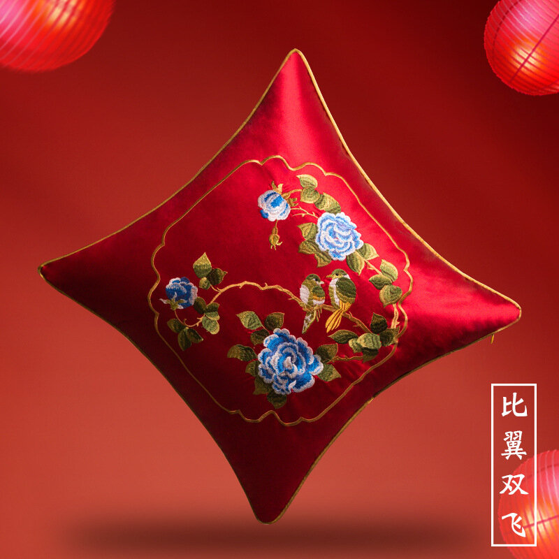 Китайская праздничная красная свадебная вышитая подушка, свадебные принадлежности, подушка для гостиной, красная подушка двойного счастья, подушка для кровати