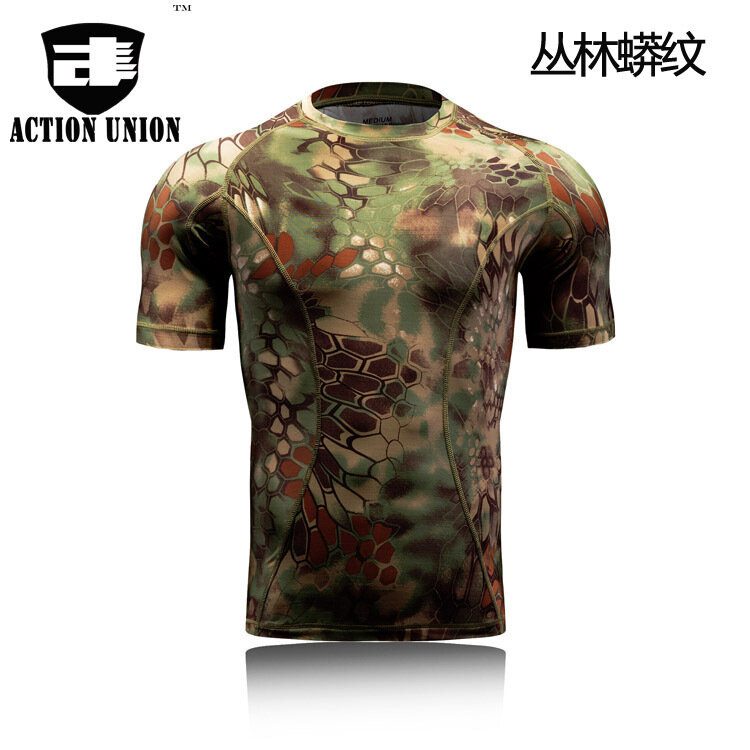 2026 Оптовая продажа высокой эластичности PRO спортивная футболка зеленого цвета с узором питона камуфляж, облегающая, с круглым вырезом и коротким рукавом