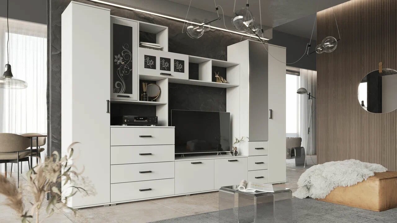 Гостиная стенка со шкафом, Нота 11, в цвете: Белый с вставками