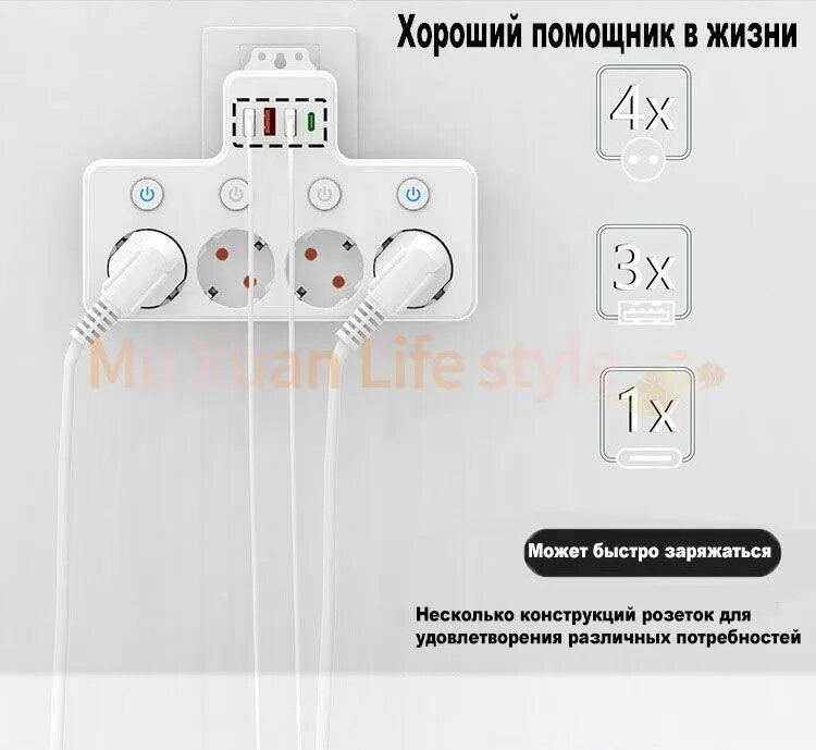 Разветвитель электрический TESSAN с 4 розетками,3 USB - A,1Type - C,16A