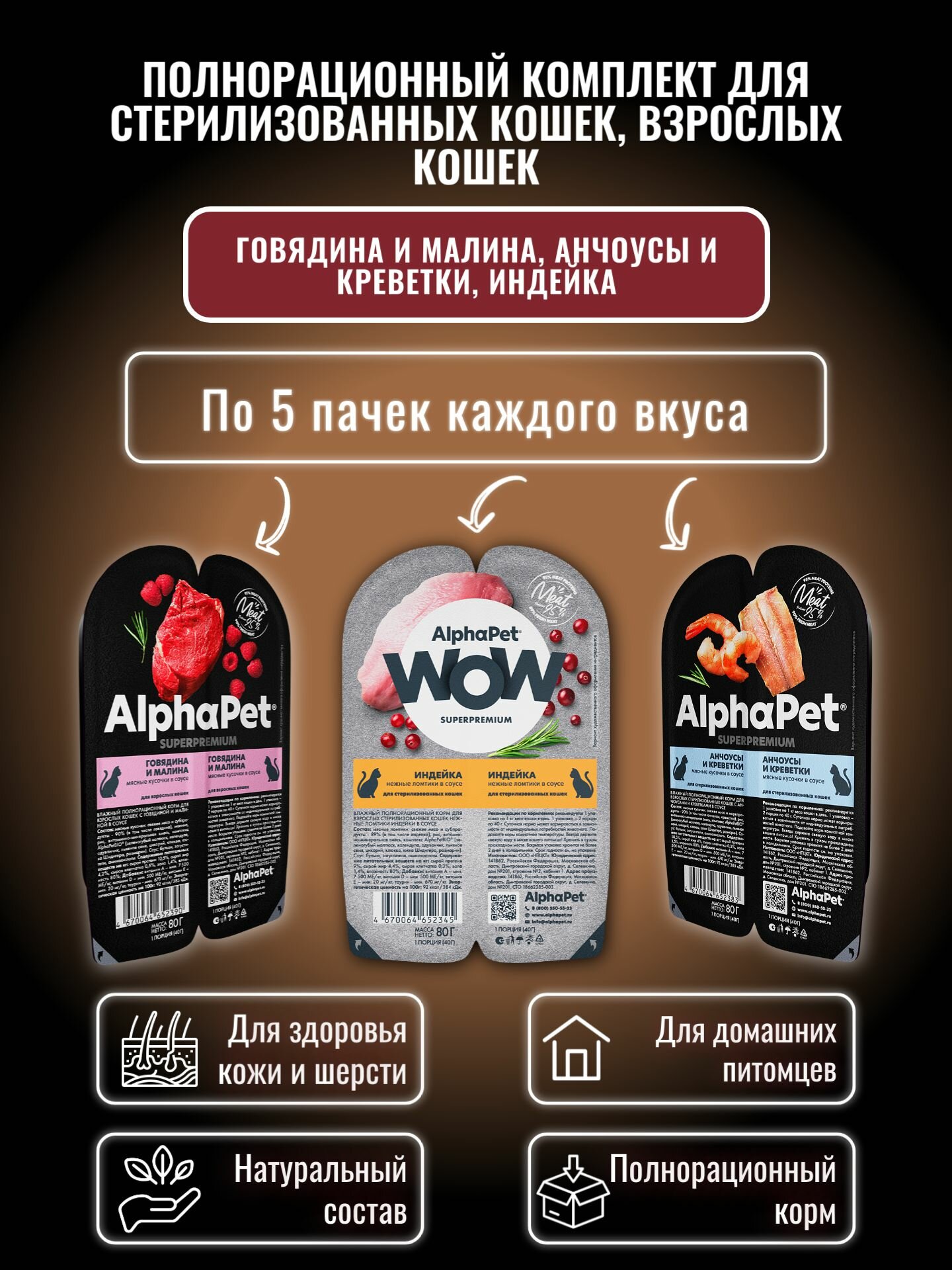 AlphaPet Superpremium / Комплект для взрослых кошек и котов и стерилизованных кошек, 3 вкуса (Говядина, Анчоусы, Индейка), 15 шт