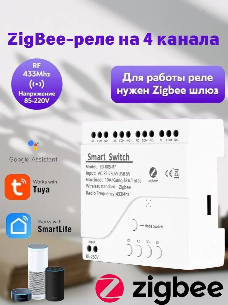 Zigbee 3.0 Реле 4-канальное Tuya, WiFi, AC85-250V , RF 433.92 МГц, совместимость с Amazon Alexa и Google Home