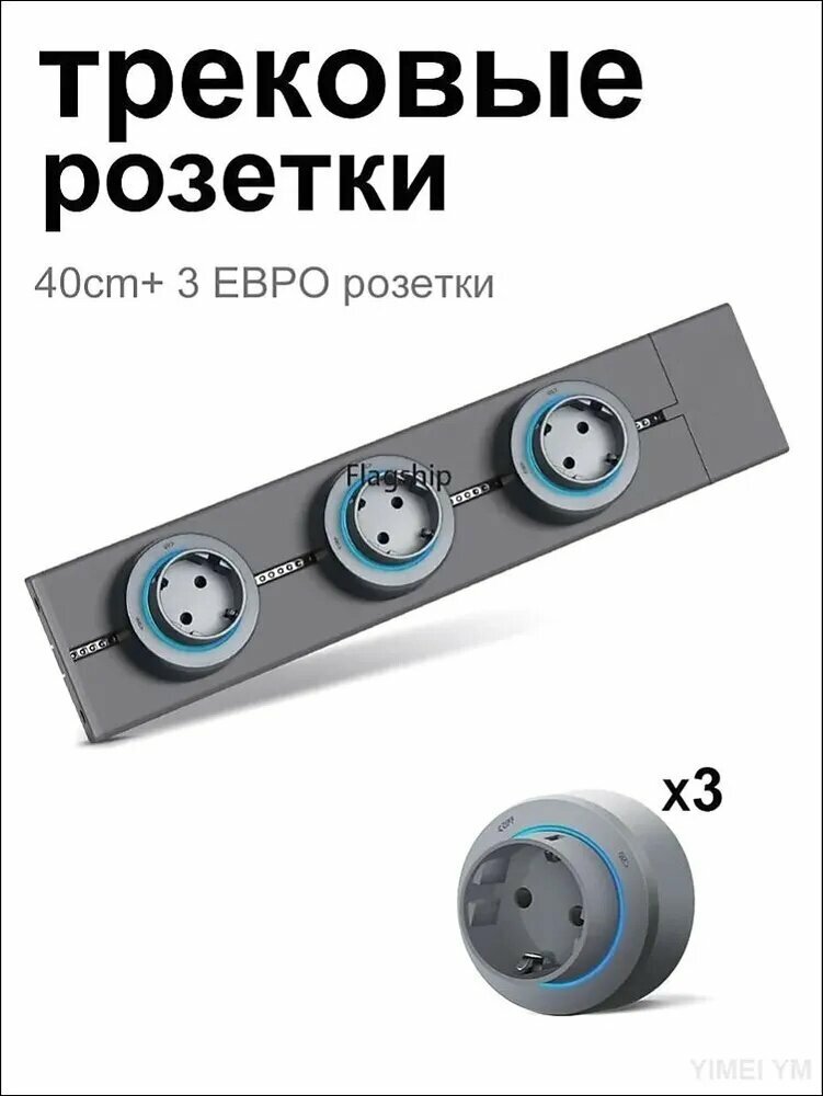 Трековая система розеток, накладная металлическая шина 40 см +3 евро розетки серый.