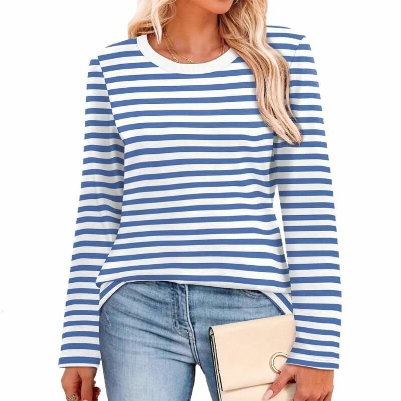 Женская полосатая футболка с длинными рукавами, Синий - M