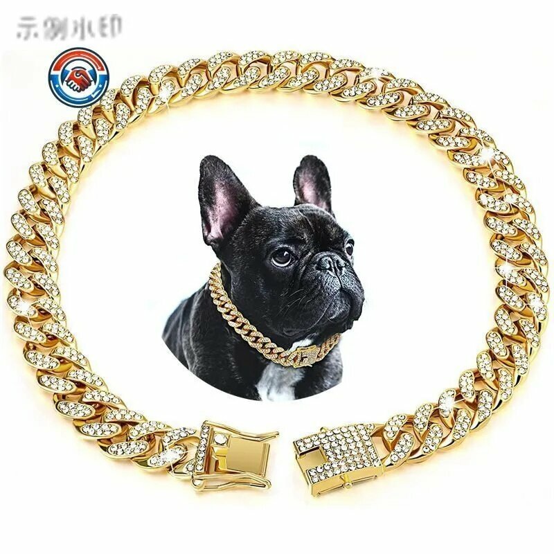 Ювелирный ошейник для собак и кошек с бриллиантовым блеском, кубинская цепь с пряжкой, роскошное аксессуарное ожерелье на шею для питомца, золотое и серебряное покрытие, выставочный аксессуар