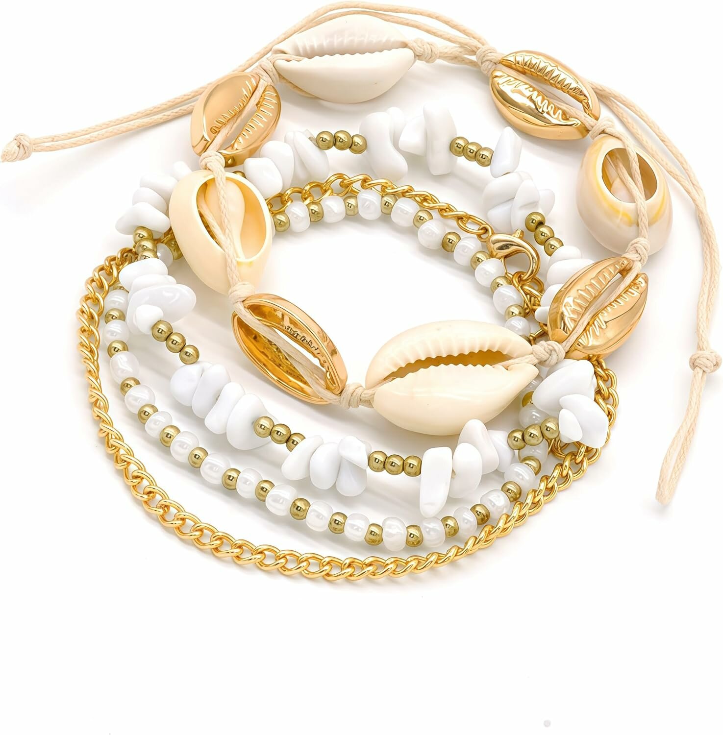 Женский набор браслетов на лодыжку из ракушек, золотой браслет на лодыжку в богемном стиле с бусинами, регулируемый, гавайский пляжный браслет на лодыжку из ракушек, жемчуга, сердца, морской звезды и раковины, ювелирное украшение в подарок.