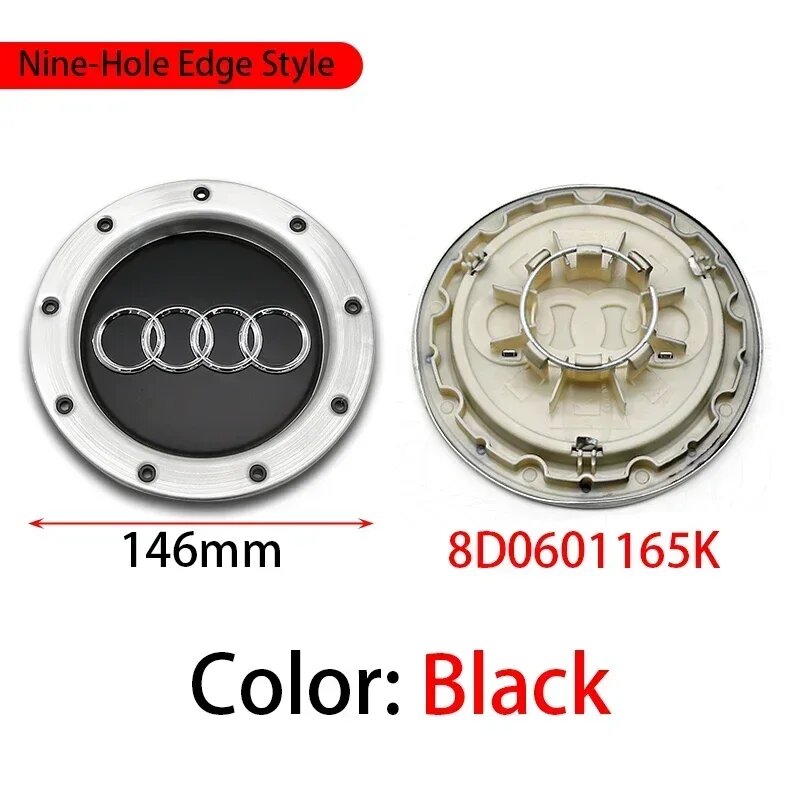 Колпаки на колесные диски (4 шт.) для Audi, 146 мм, 8D0601165K, центральные Black-4pcs-146mm