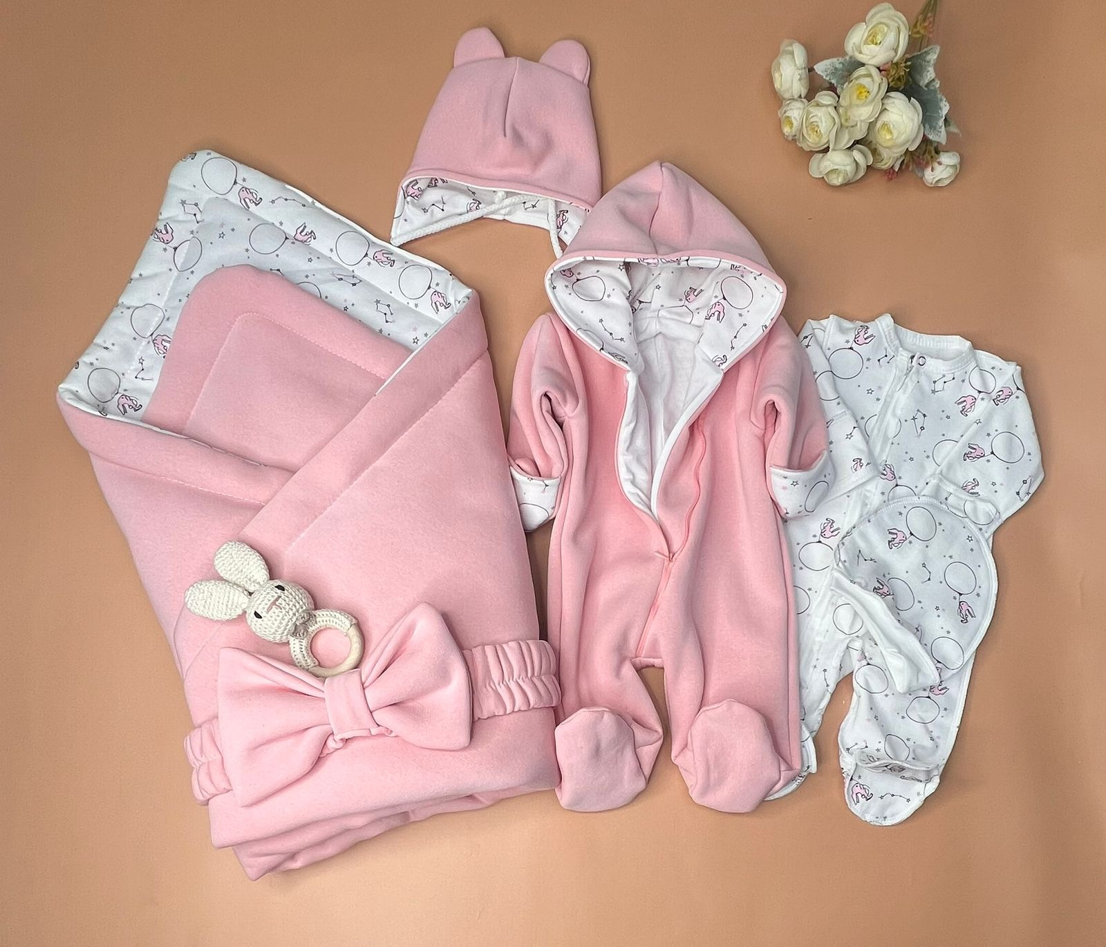 Конверт для новорождённого комплект на выписку трикотаж флис розовый