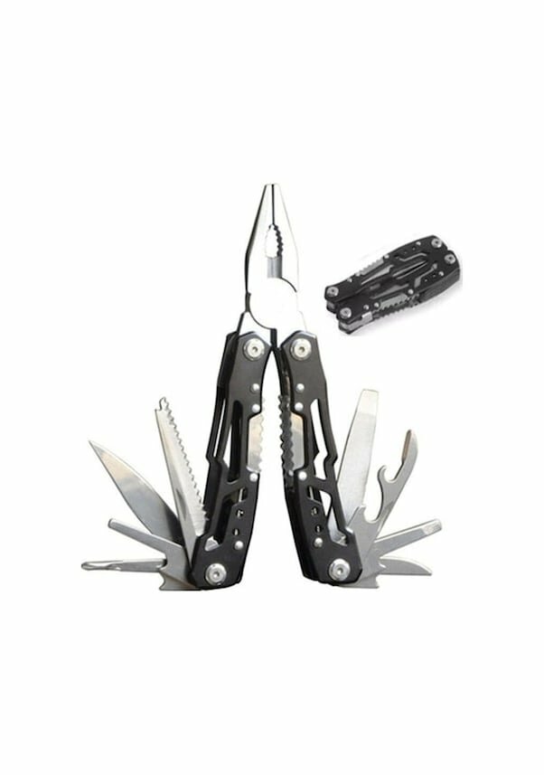 14 в 1 складной нож из нержавеющей стали с мультифункциональным инструментом (включая плоскогубцы, круглогубцы, косогубцы, отвертки, чешуекоп, бутыл, черный, для отдыха на открытом воздухе, походов, быта), Ruiguan Rg025, длина сложенного: 10 см, длина