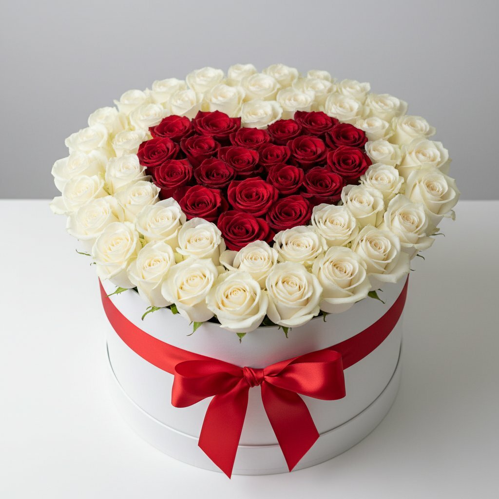 Букет из красных и белых роз 101 шт сердце в шляпной коробке, красивый букет цветов, шикарный, премиум