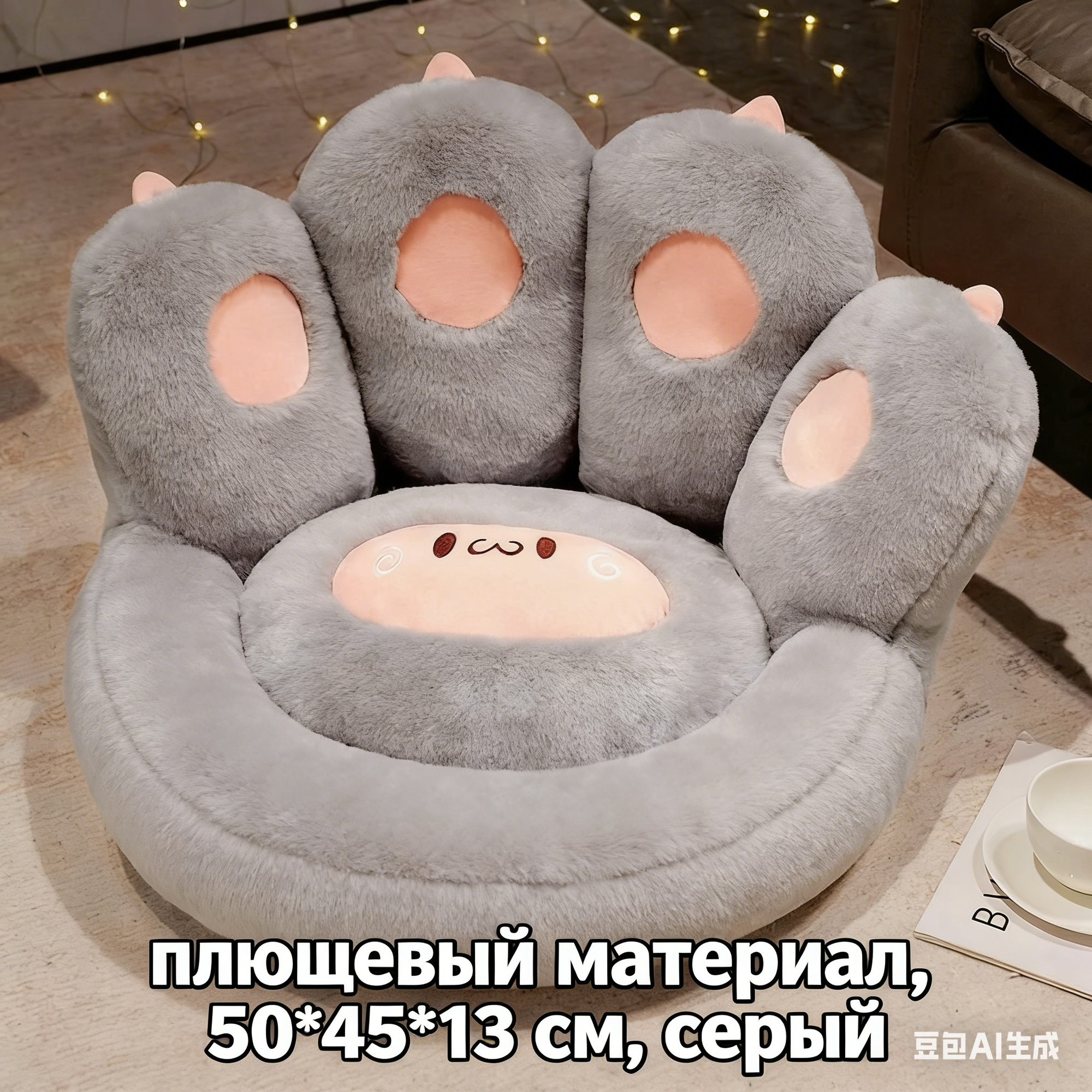 Удобная подушка в форме кошачьей лапы, материал плюш,50*45*13 см, серая