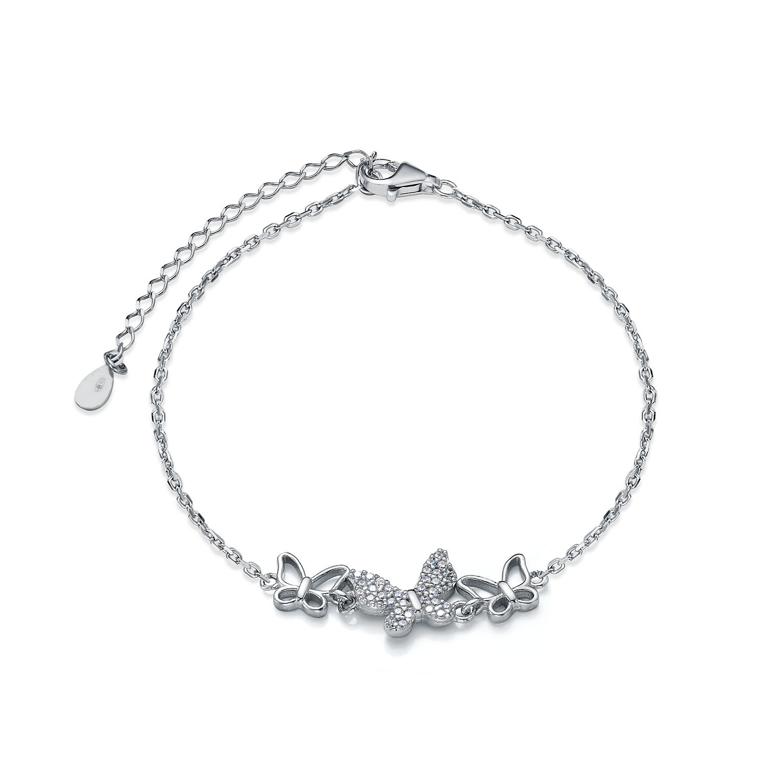 Браслет-цепочка, серебро, 925 проба, родирование, фианит