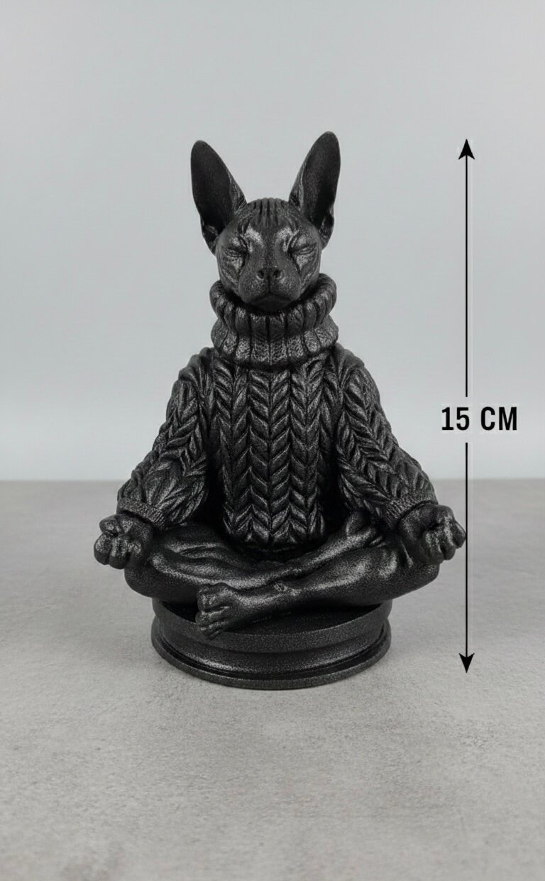 Статуэтка "Кот-сфинкс в медитации" из жидкого камня декоративная фигурка для интерьера 15 см черная с серебром