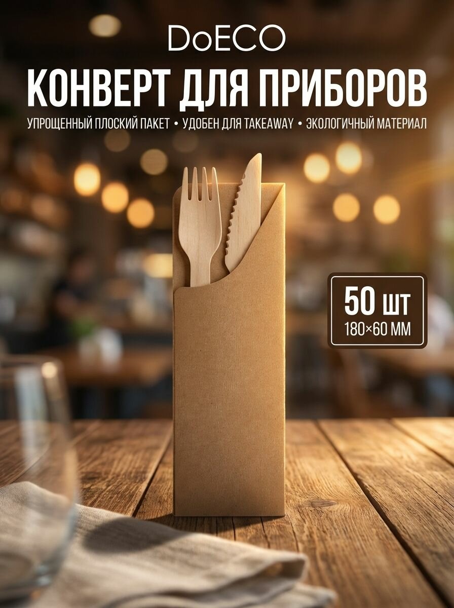 Бумажный конверт для столовых приборов DoECO POCKET чехол для ложки и вилки 180х60 мм, 50 шт.