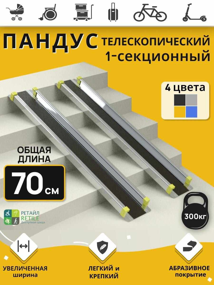 Пандус 70 см 1-секционный Антислип, чёрный (рабочая длина 60 см + 2 опор. площадки по 5 см)