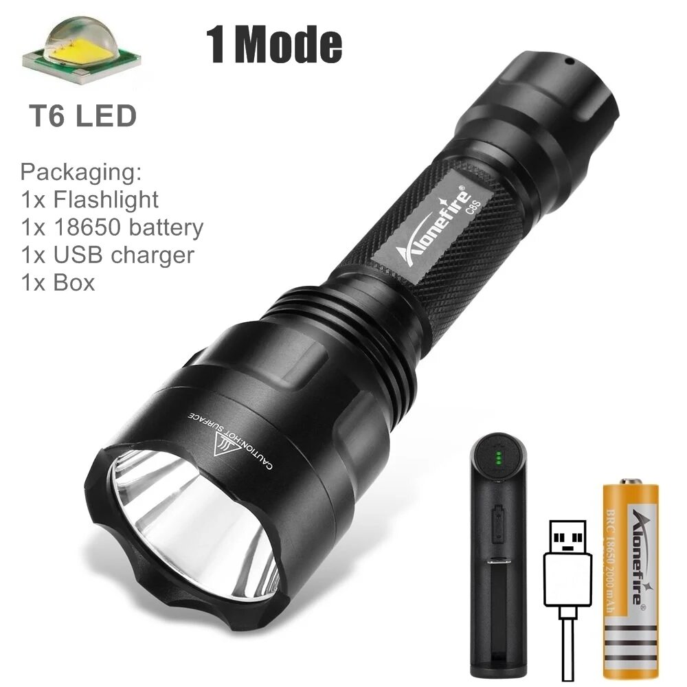 Alonefire C8 тактический фонарь черный 10Вт T6 1 Mode